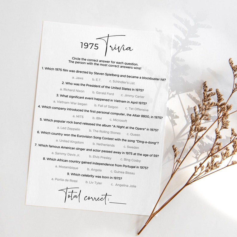 1975 Trivia Printable 70s Quiz 50th Birthday Party Game Born in 1975 ...