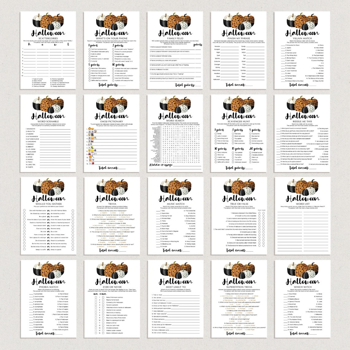 Halloween Games Bundle Editable Template Pumpkin Spooky - Etsy