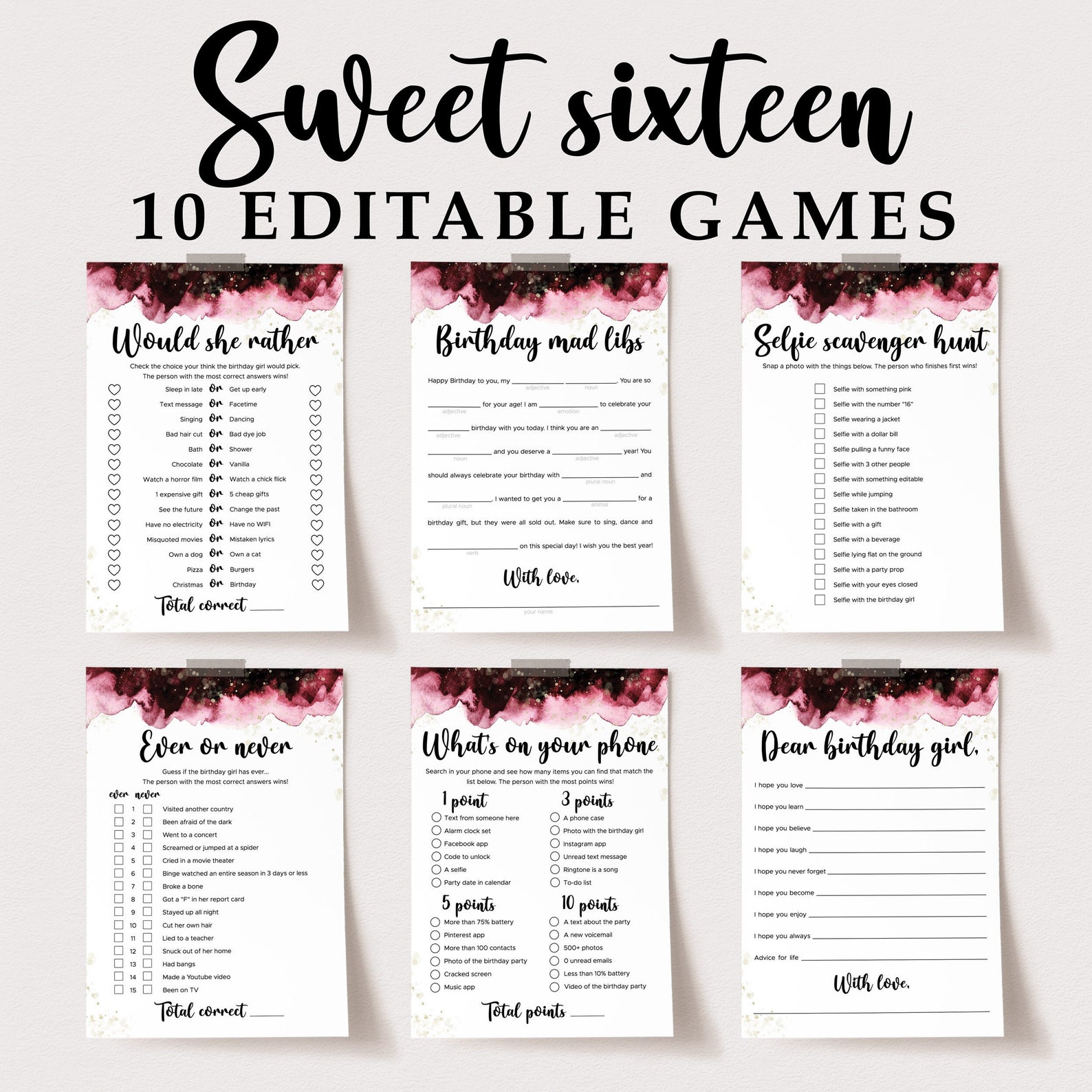 Sweet 16 Games Bundle Instant Download Burgundy and Gold Sixteenth ...