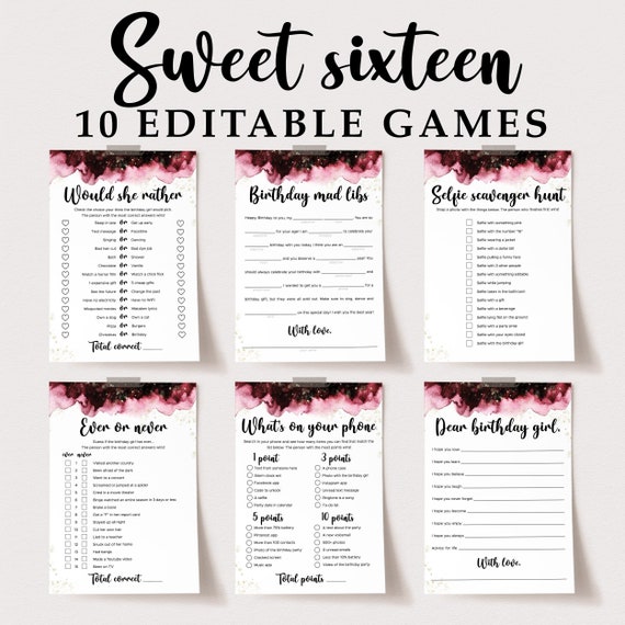 Sweet 16 Games Bundle Instant Download Burgundy and Gold - Etsy