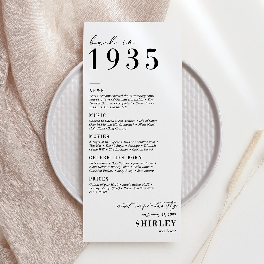 90th Birthday Party Decorations 90th Bday Place Cards Born in 1935 ...