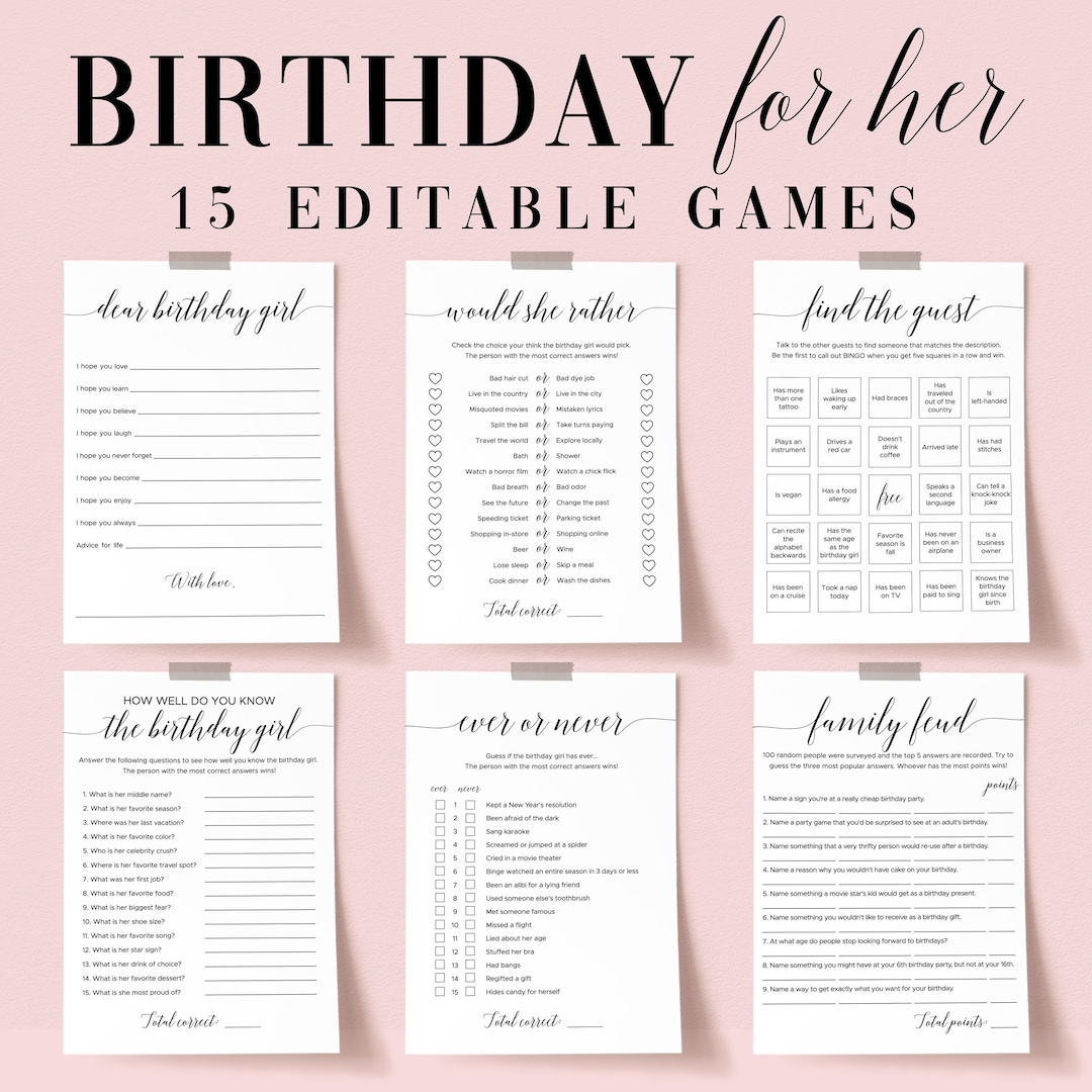 Birthday Games for Her Printable Modern Birthday Party Games for Women ...