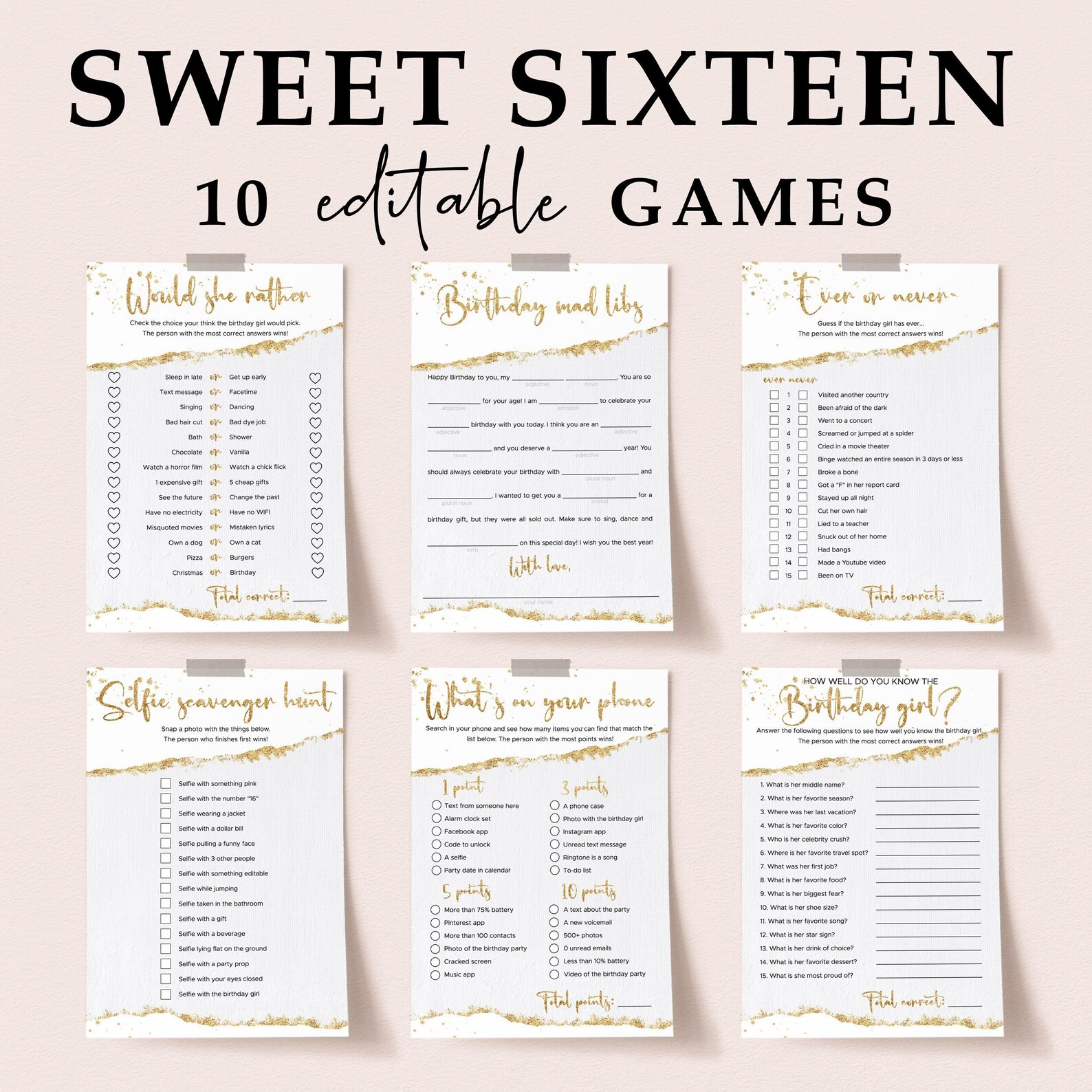 Gold Sweet 16 Games Printable Sweet Sixteen Activity Bundle Editable ...