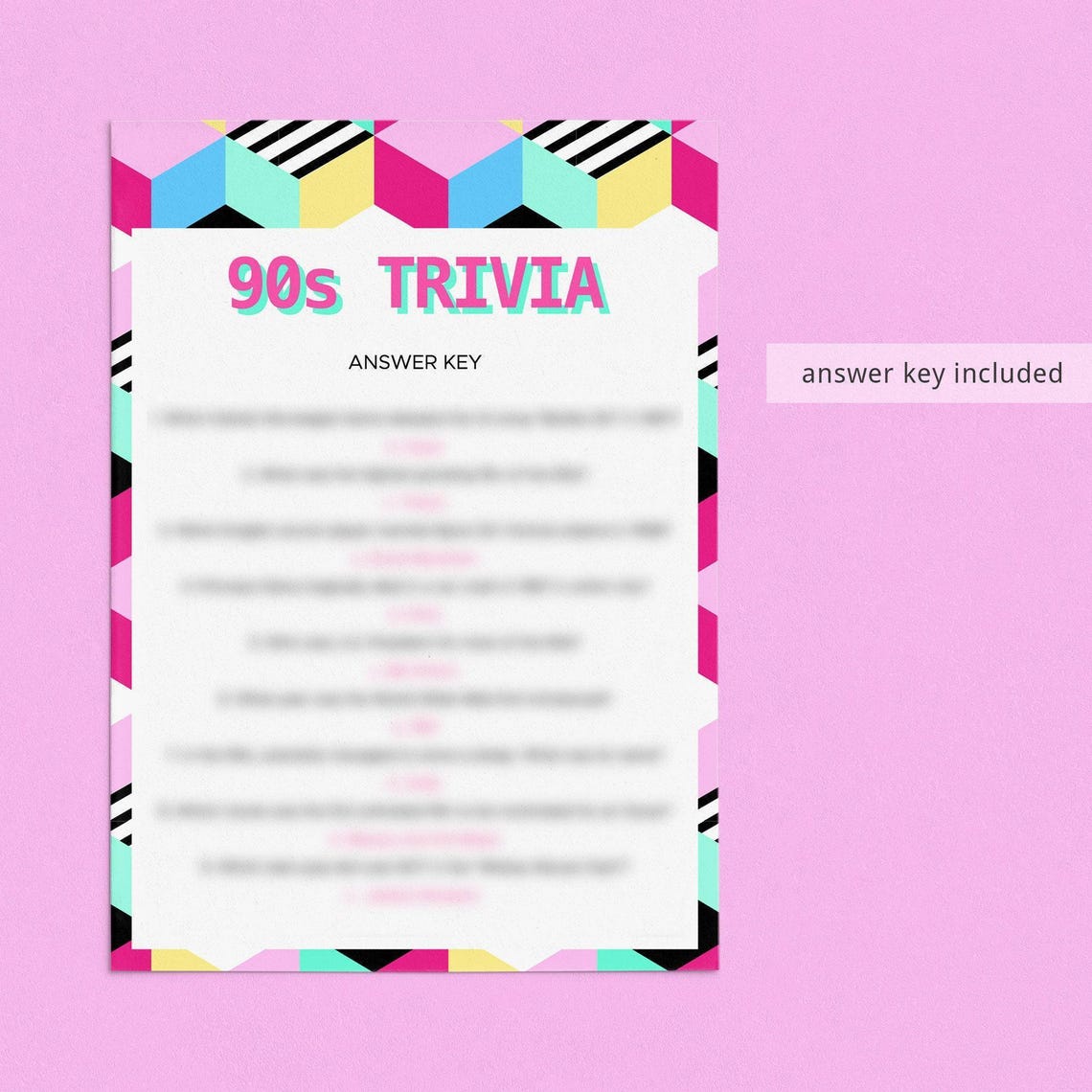 90s Trivia Printable Pop Culture Quiz Game Nineties Theme Party ...