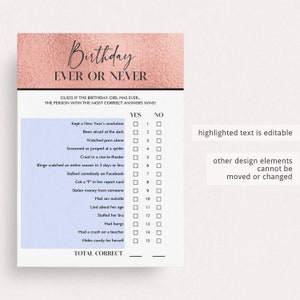 Editable Birthday Games for Her Ever or Never Game Printable Rose Gold ...