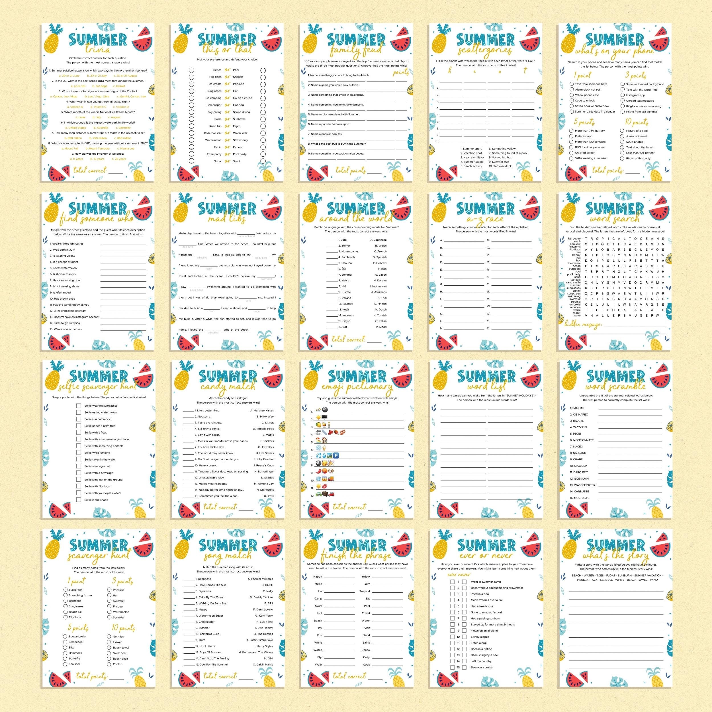 Summer Games Bundle for Kids and Adults Editable Vacation Activities ...