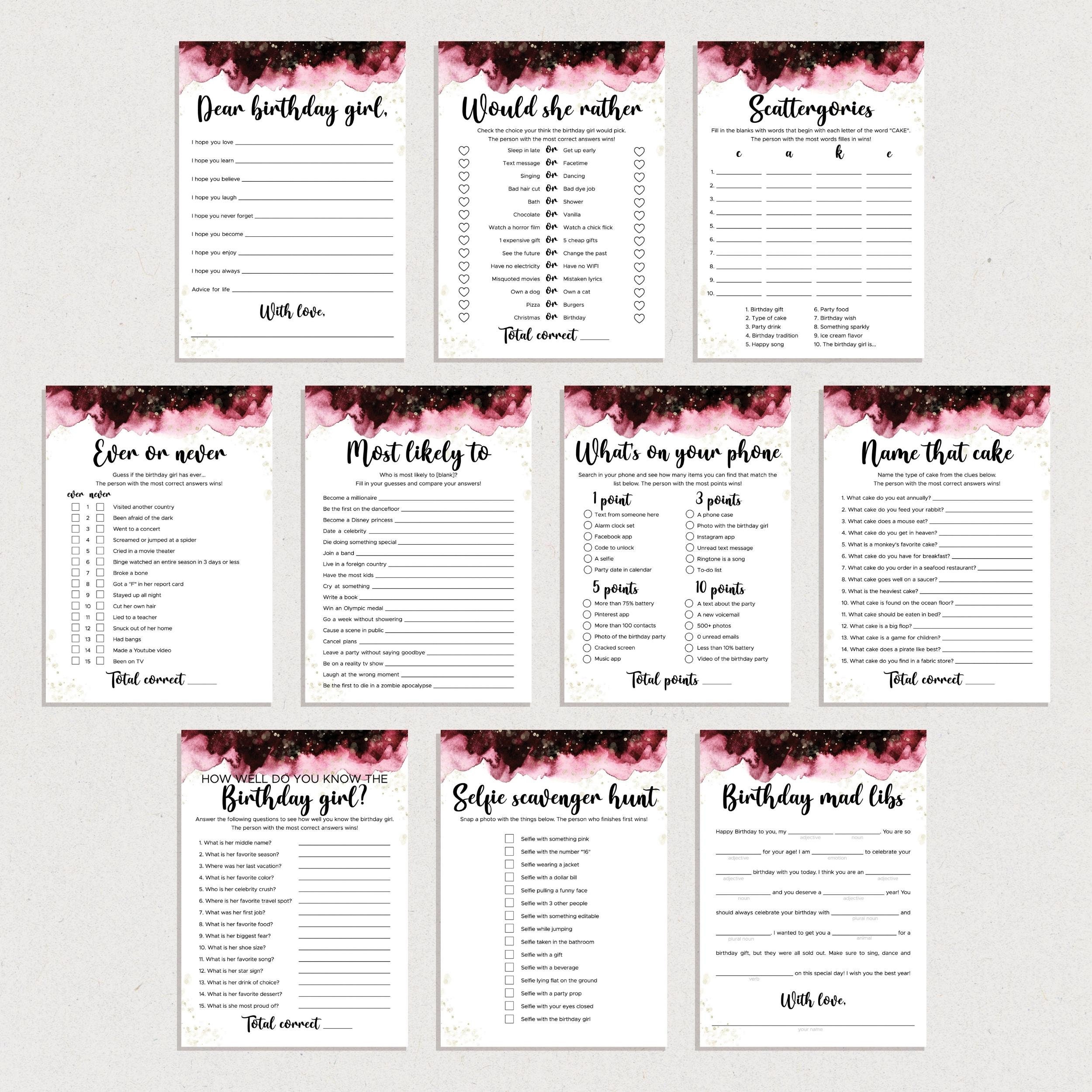 Sweet 16 Games Bundle Instant Download Burgundy and Gold Sixteenth ...