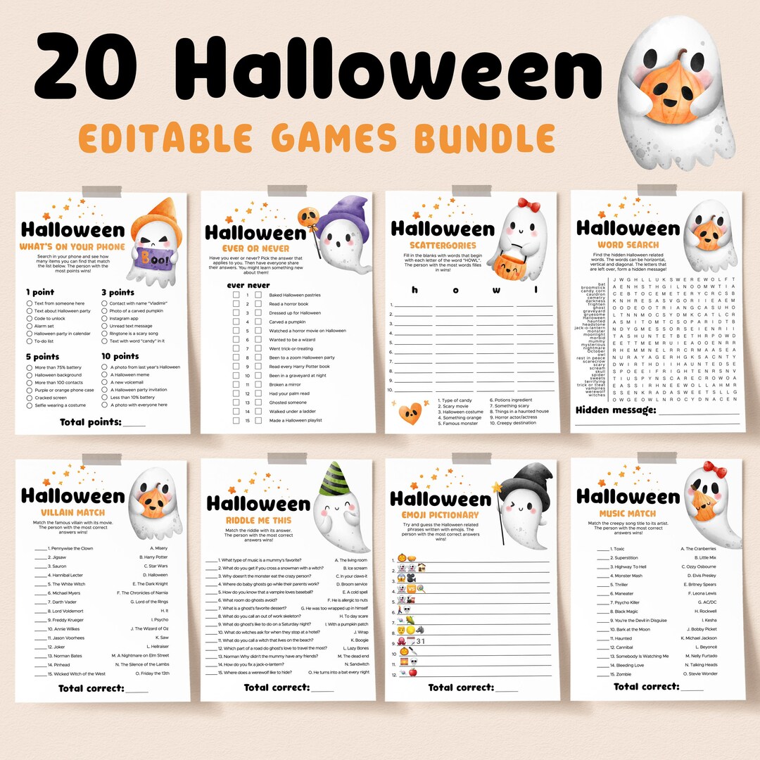 Cute Halloween Games Pack for Kids and Adults Watercolor Ghost Themed ...