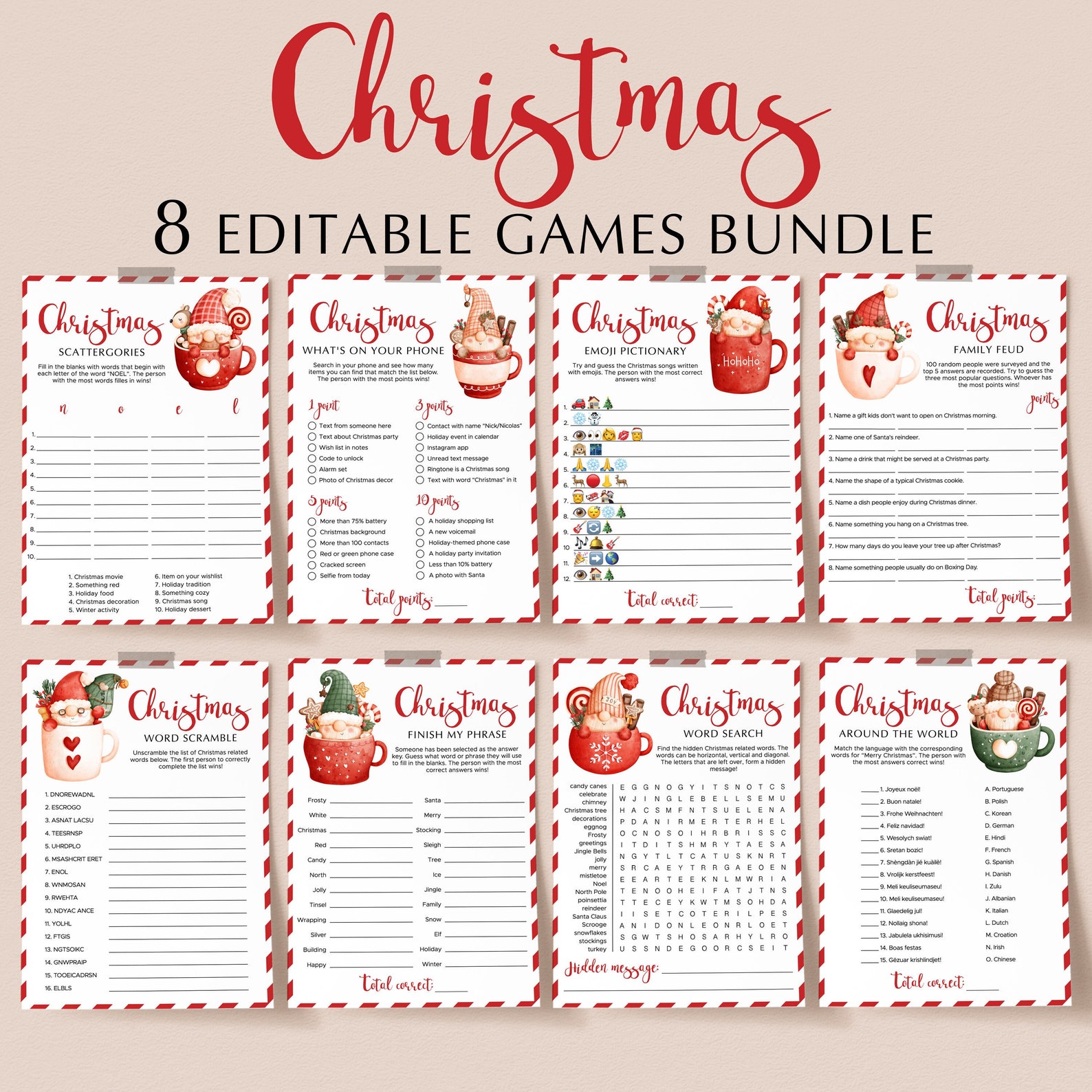 Cute Gnomes Christmas Games Bundle Printable Hot Chocolate Xmas ...
