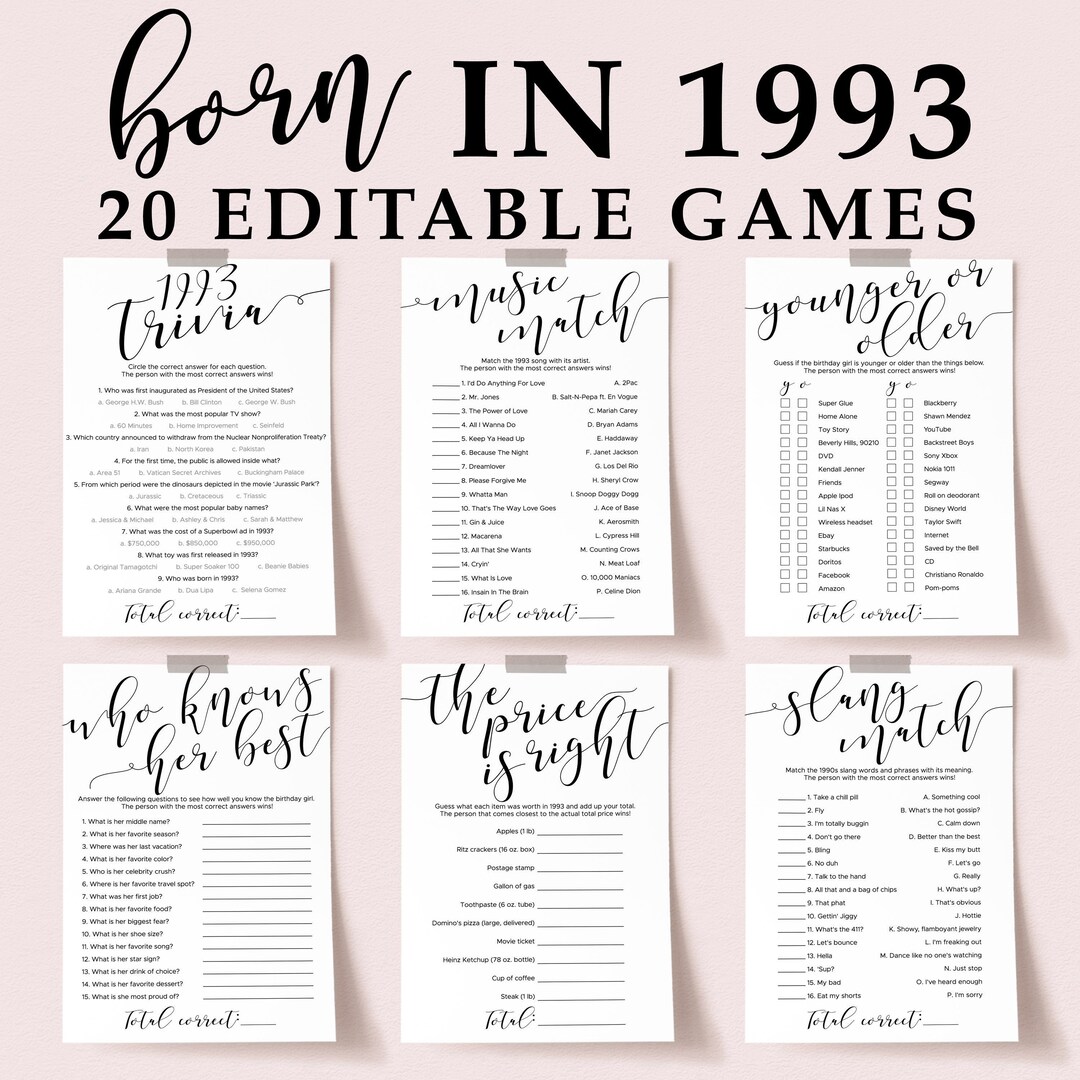 Calligraphy Birthday Games Bundle for Her Born in 1993 Woman Turning 31 ...