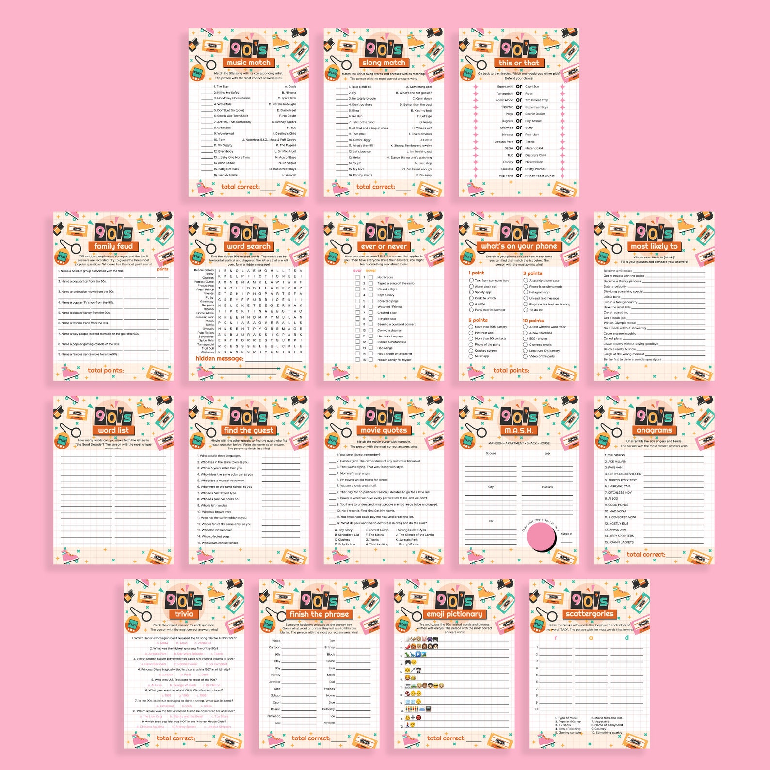 90s Party Games Printable Nineties Themed Activity Idea Vintage Aqua ...