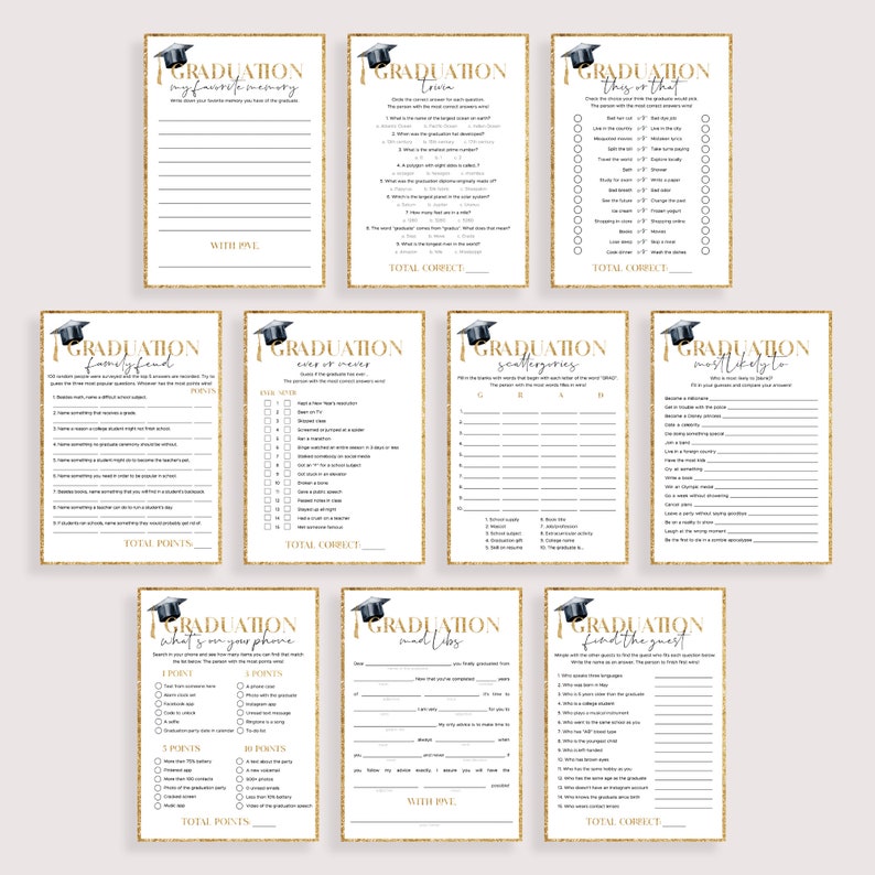 Graduation Games Bundle Printable Gold Glitter Grad Party Activity ...