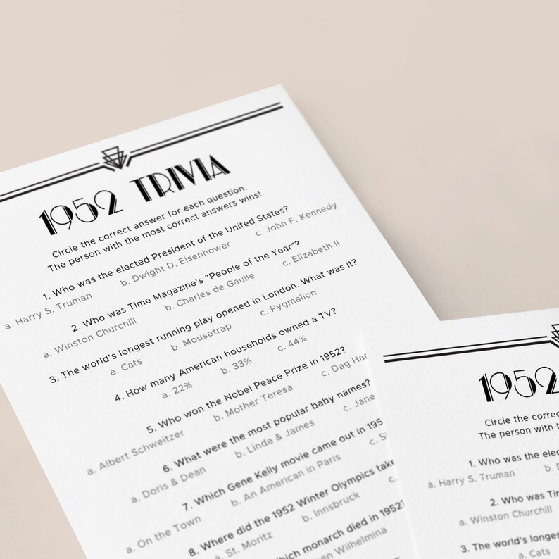 Born in 1952 Trivia Printable Birthday Quiz About Birth Year 1952 ...