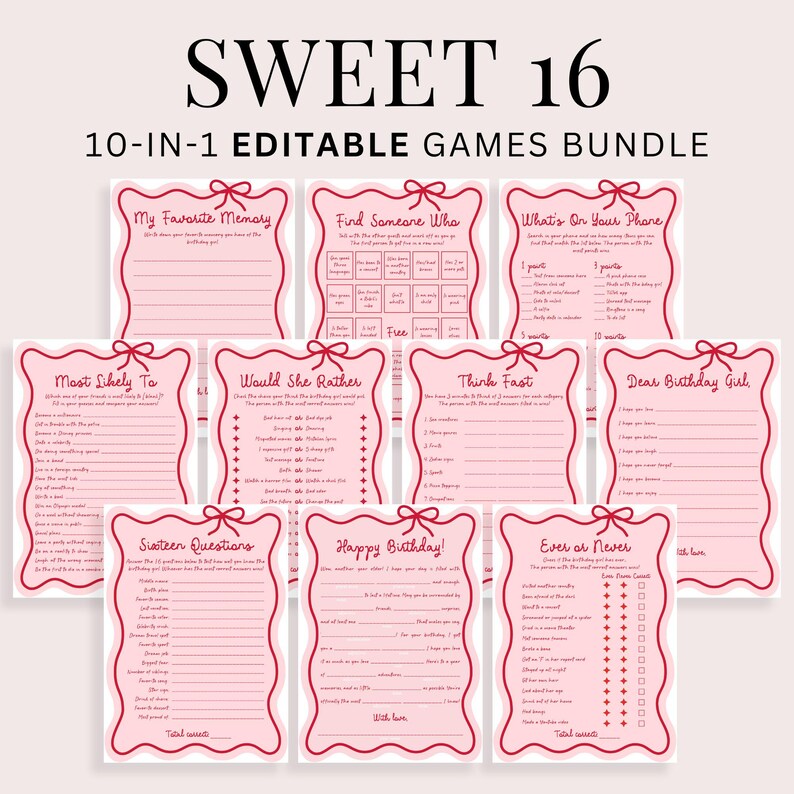 Coquette Sweet 16 Games Bundle for Her 16th Birthday Wavy Border Pink ...