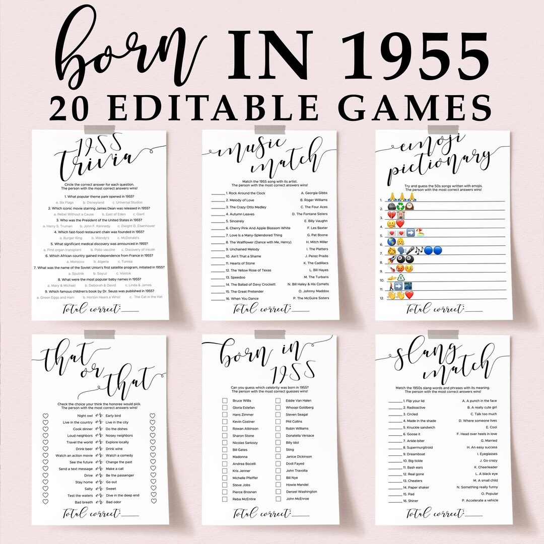 70th Birthday Games Bundle Printable Born in 1955 Birthday Party Pack ...