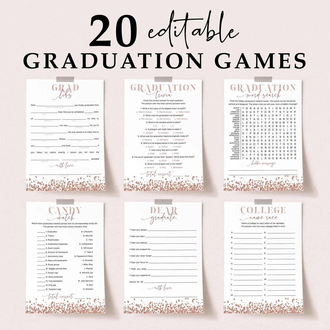 Rose Gold Graduation Games Bundle for Her Editable Grad Party - Etsy