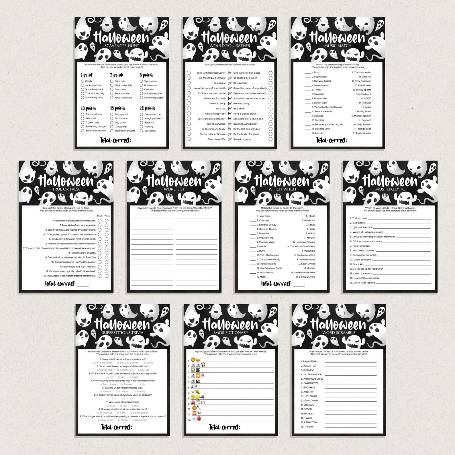 Halloween Party Games Bundle Printable Ghost Themed Halloween Quiz to ...