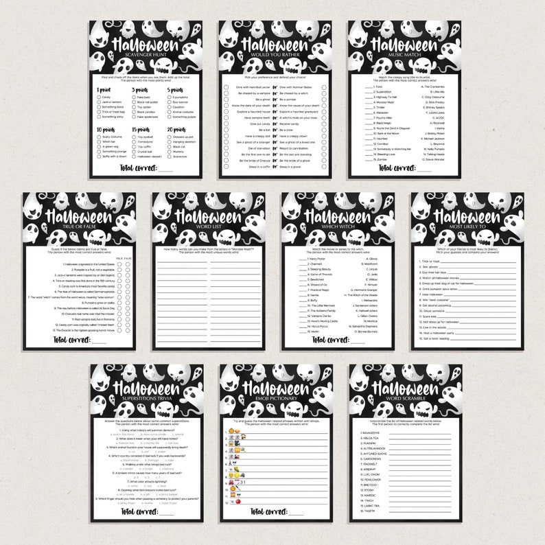 Halloween Party Games Bundle Printable Ghost Themed Halloween Quiz to ...