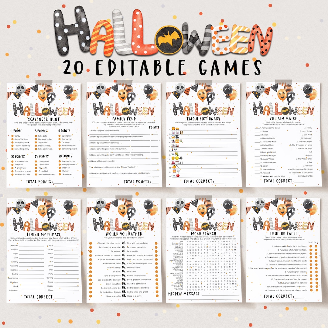 Halloween Party Games Bundle Printable Orange Halloween Quiz to Play at ...