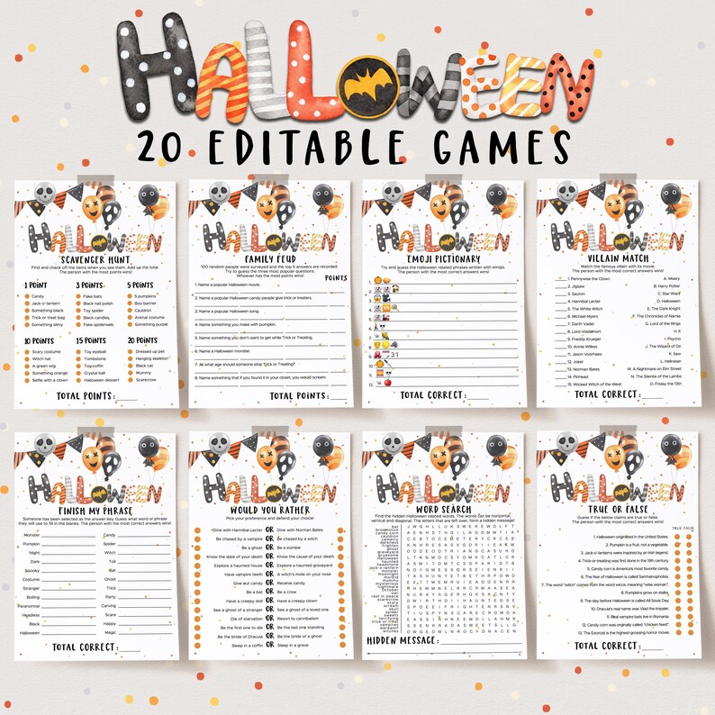 Halloween Party Games Bundle Printable Orange Halloween Quiz to Play at ...