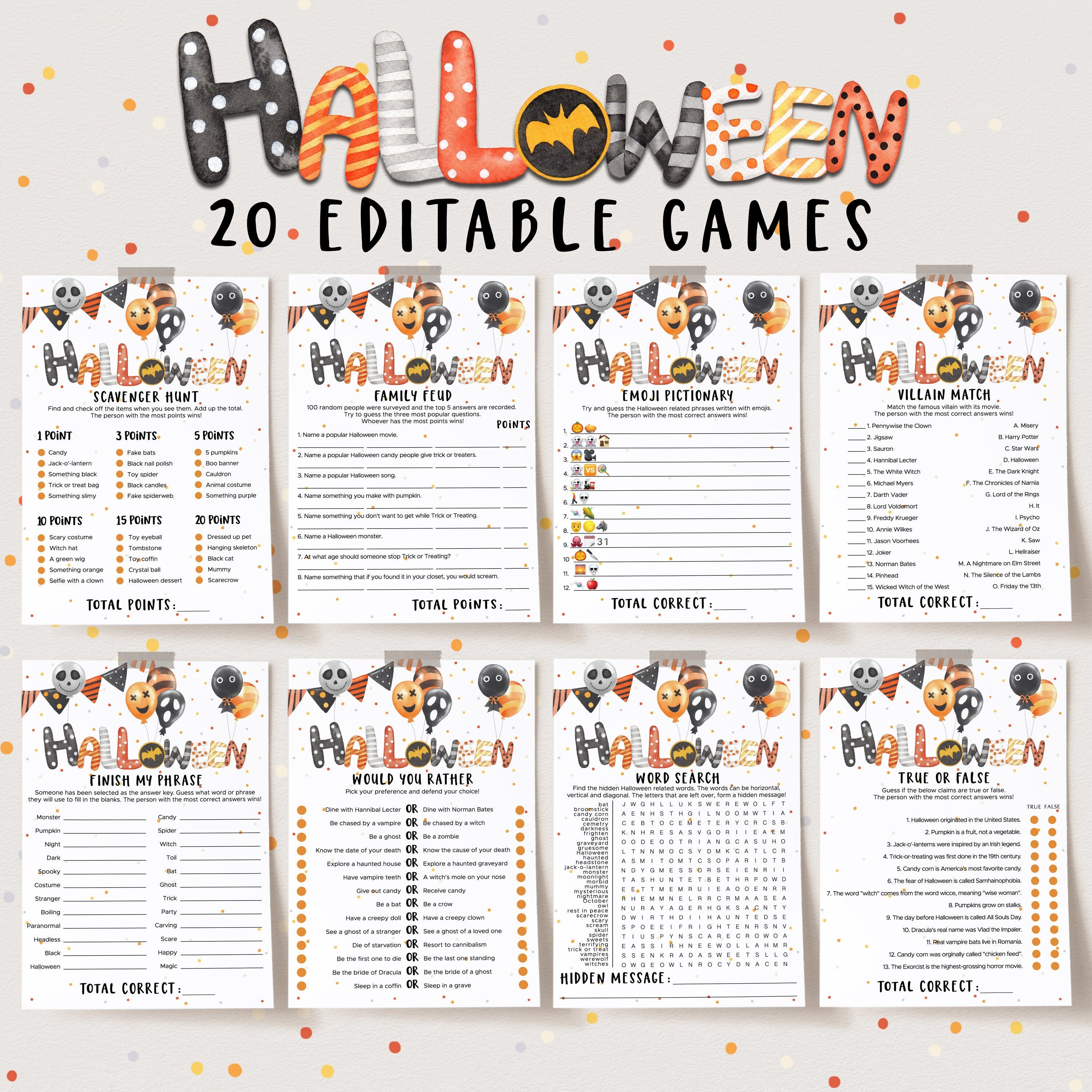 Halloween Party Games Bundle Printable Orange Halloween Quiz to Play at ...