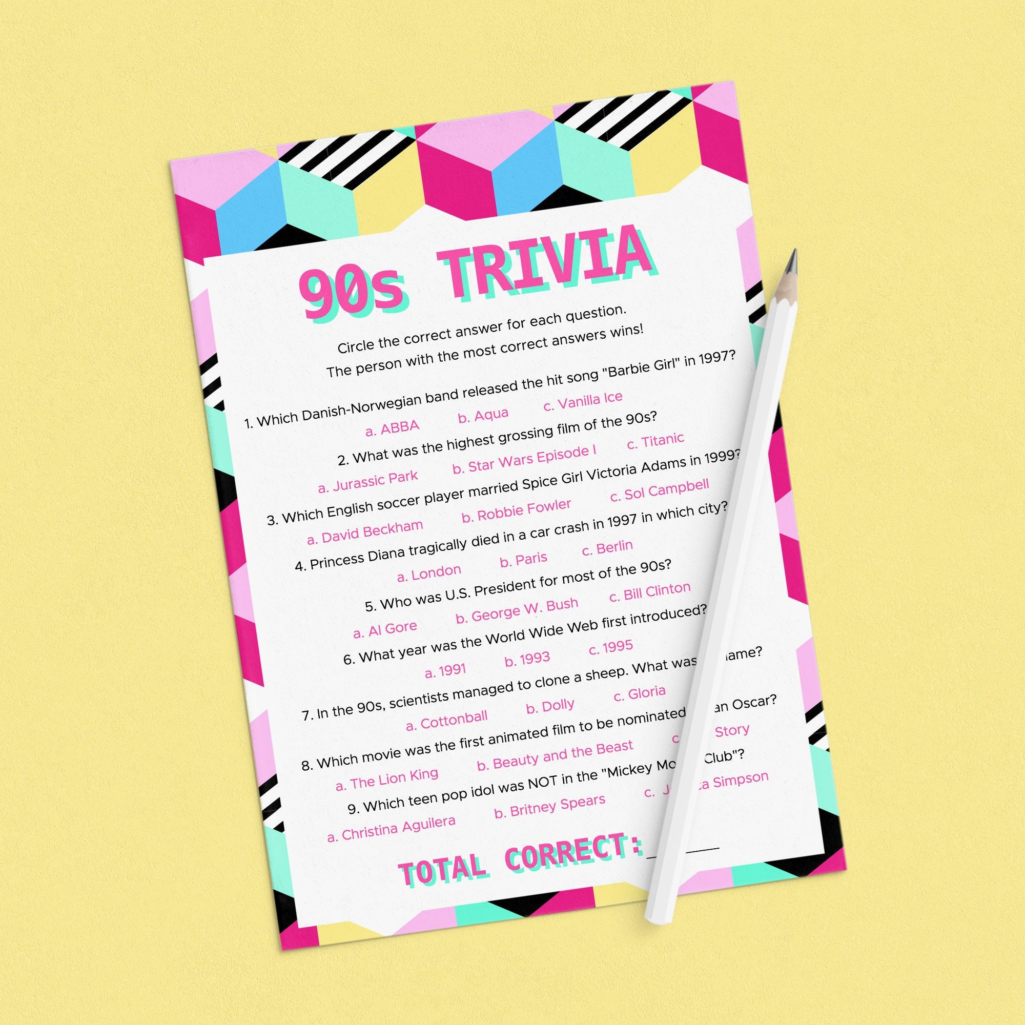 90s Trivia Printable Pop Culture Quiz Game Nineties Theme Party ...