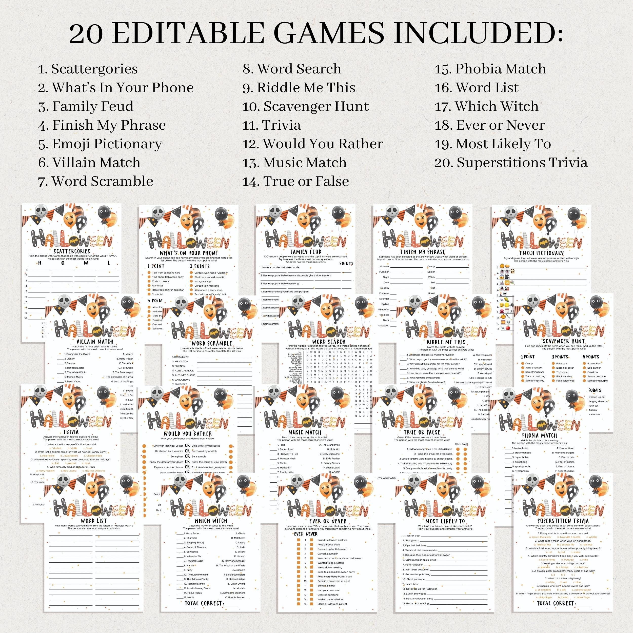 Halloween Party Games Bundle Printable Orange Halloween Quiz to Play at ...