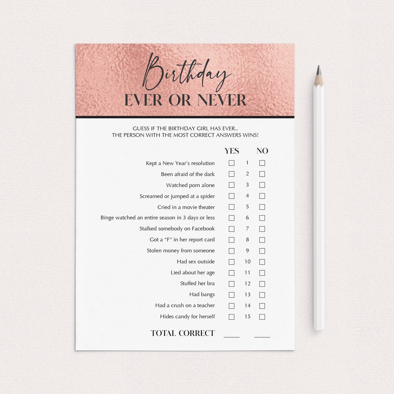 Editable Birthday Games for Her Ever or Never Game Printable Rose Gold ...