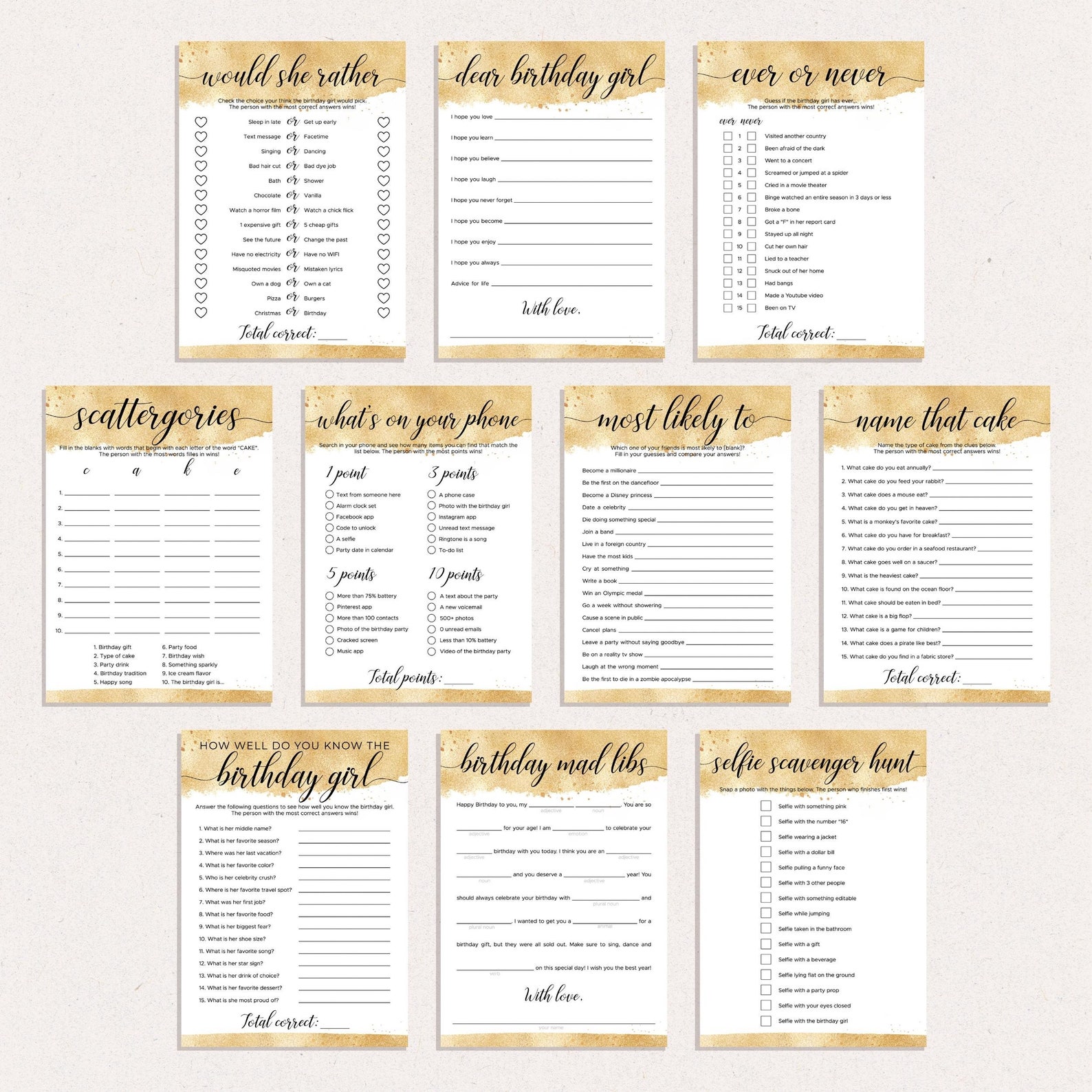 Sweet 16 Games Printable Gold Sweet Sixteen Activities Bundle Instant ...