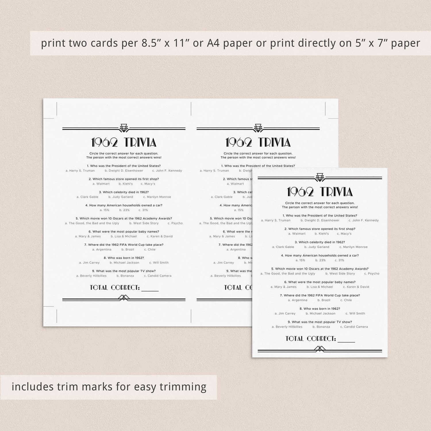 1962 Trivia Game Instant Download Pop Quiz About 1962 Birth Year Gatsby ...