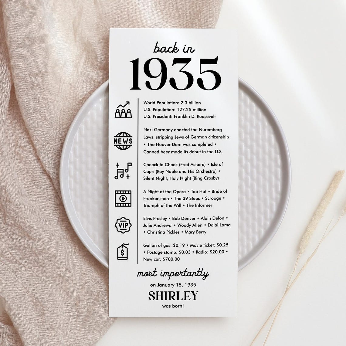 1935 Birthday Party Decorations 90th Bday Place Cards Born in 1935 ...