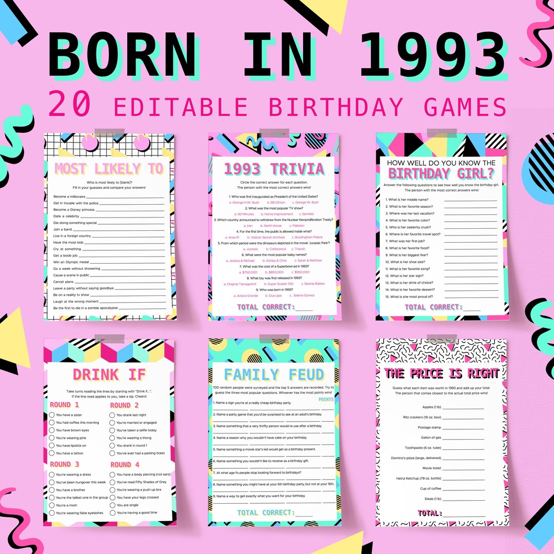 90s Themed Birthday Games Printable Born in 1993 Bday Party Activities ...