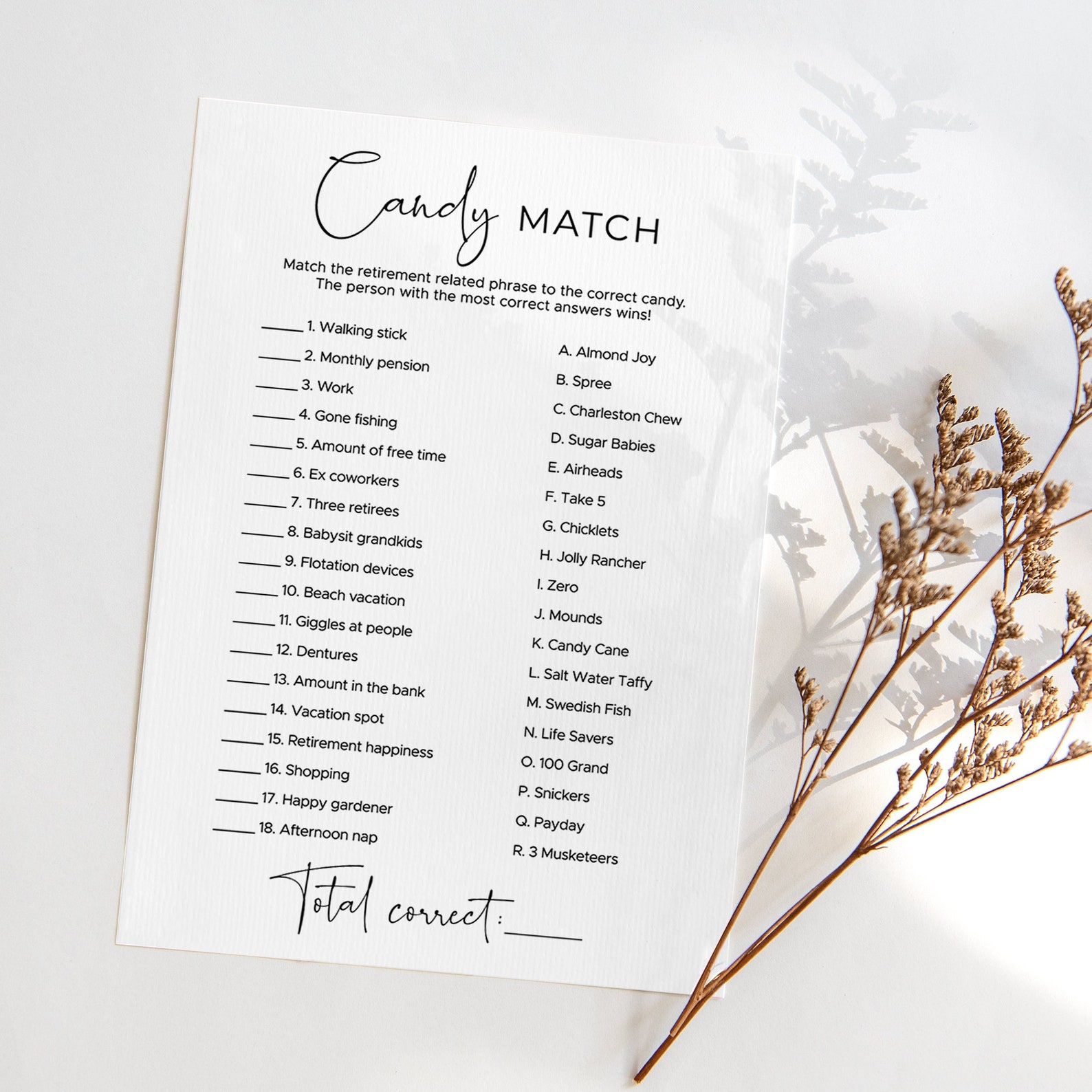 Retirement Candy Match Game Printable Black and White Activity Ideas ...