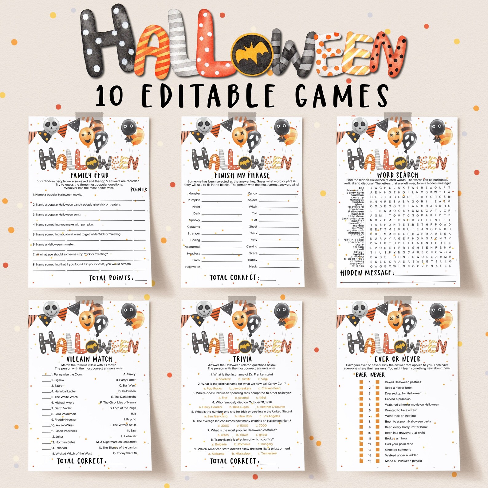 Halloween Party Games Printable Fall Activity Bundle for Family Feud ...