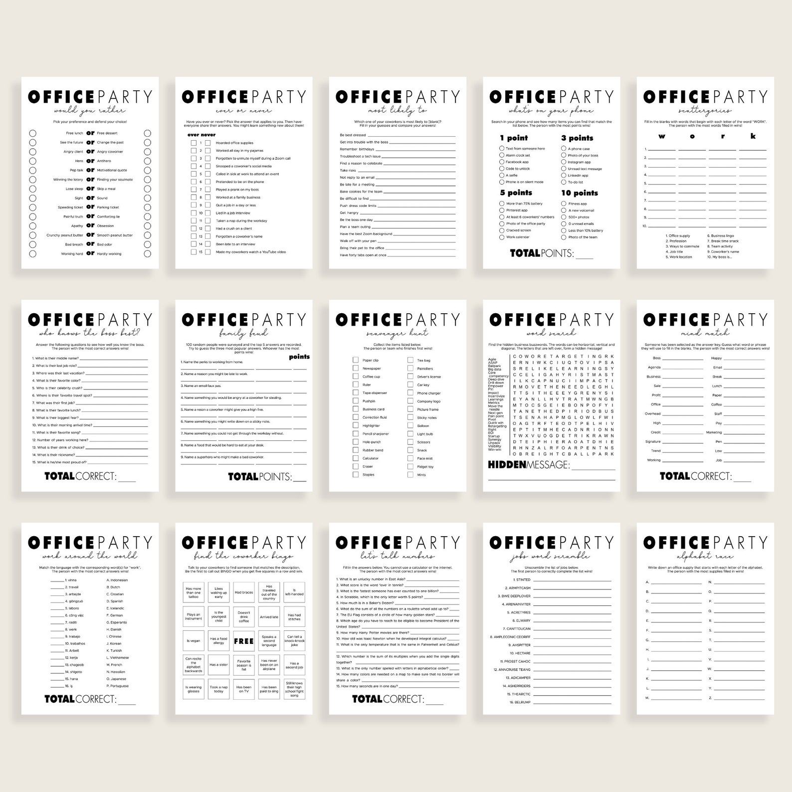 Work Party Games Bundle Printable Modern Office Party Games for ...