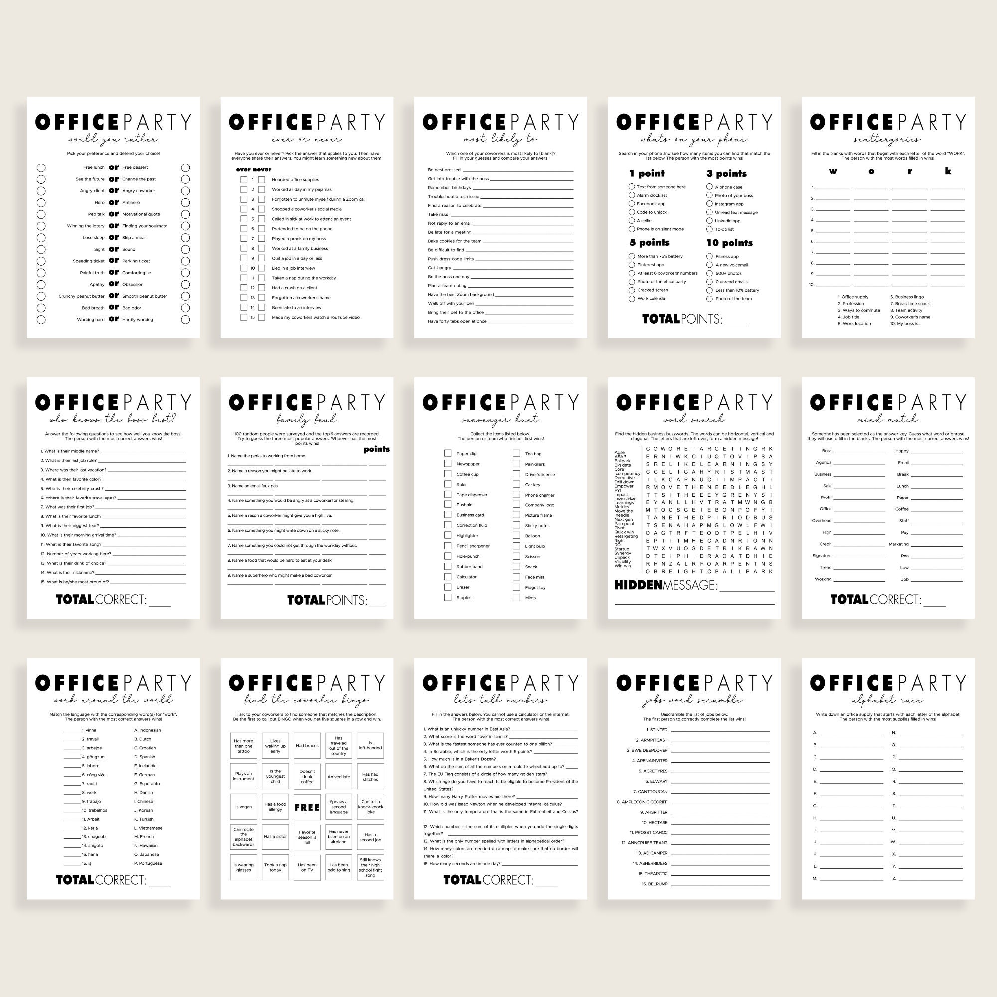 Work Party Games Bundle Printable Modern Office Party Games for ...