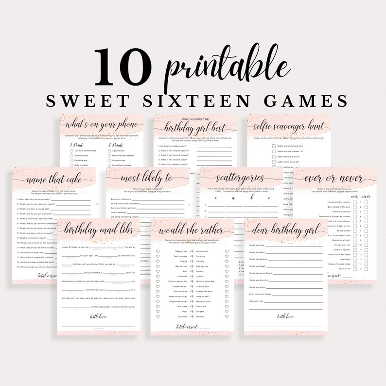 Sweet 16 Party Games Bundle Printable Sweet Sixteen Games Pack - Etsy