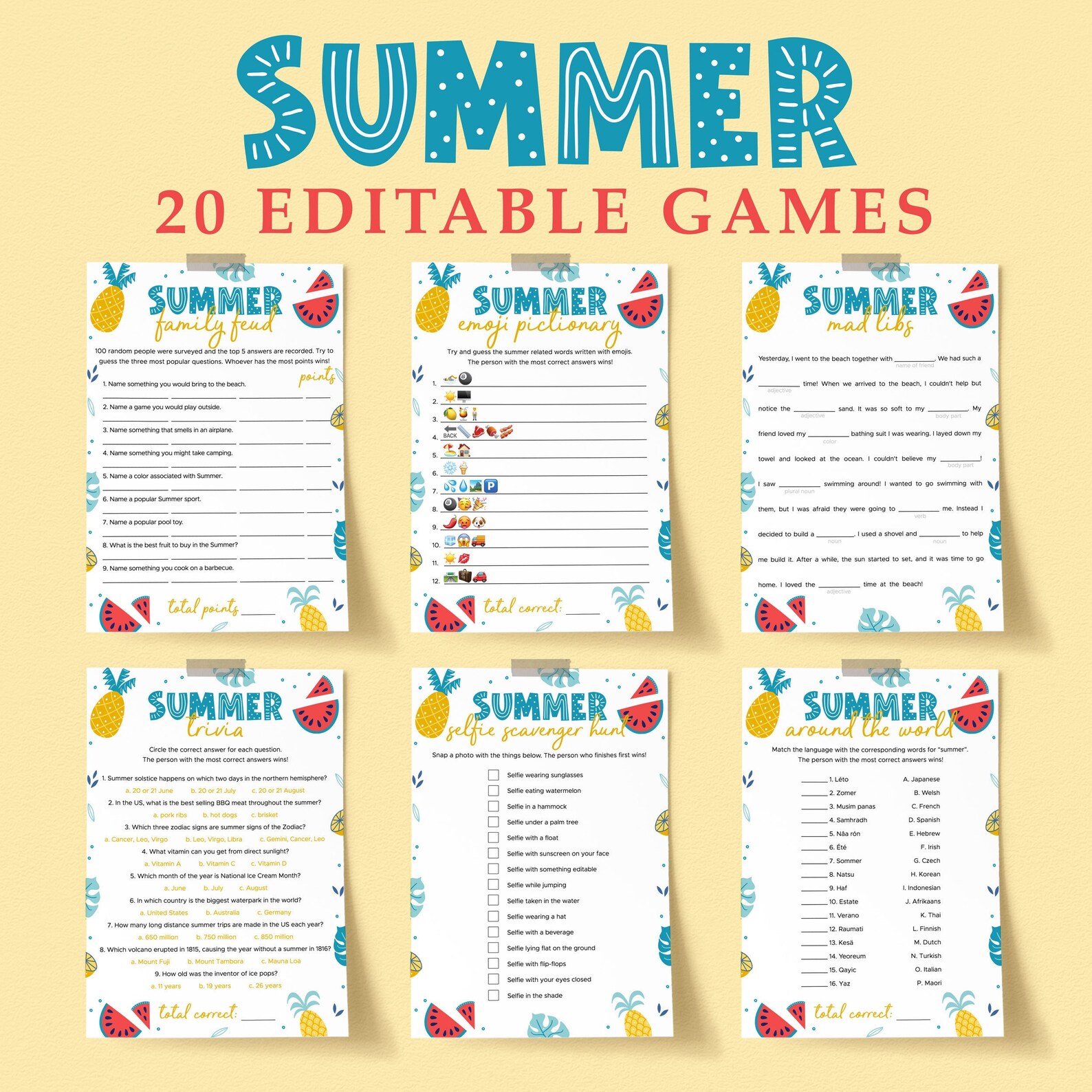 Summer Games Bundle for Kids and Adults Editable Vacation Activities ...