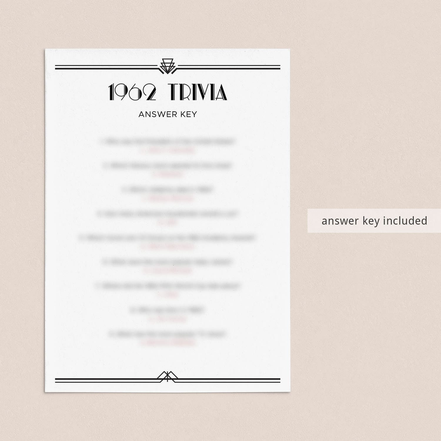 1962 Trivia Game Instant Download Pop Quiz About 1962 Birth Year Gatsby ...