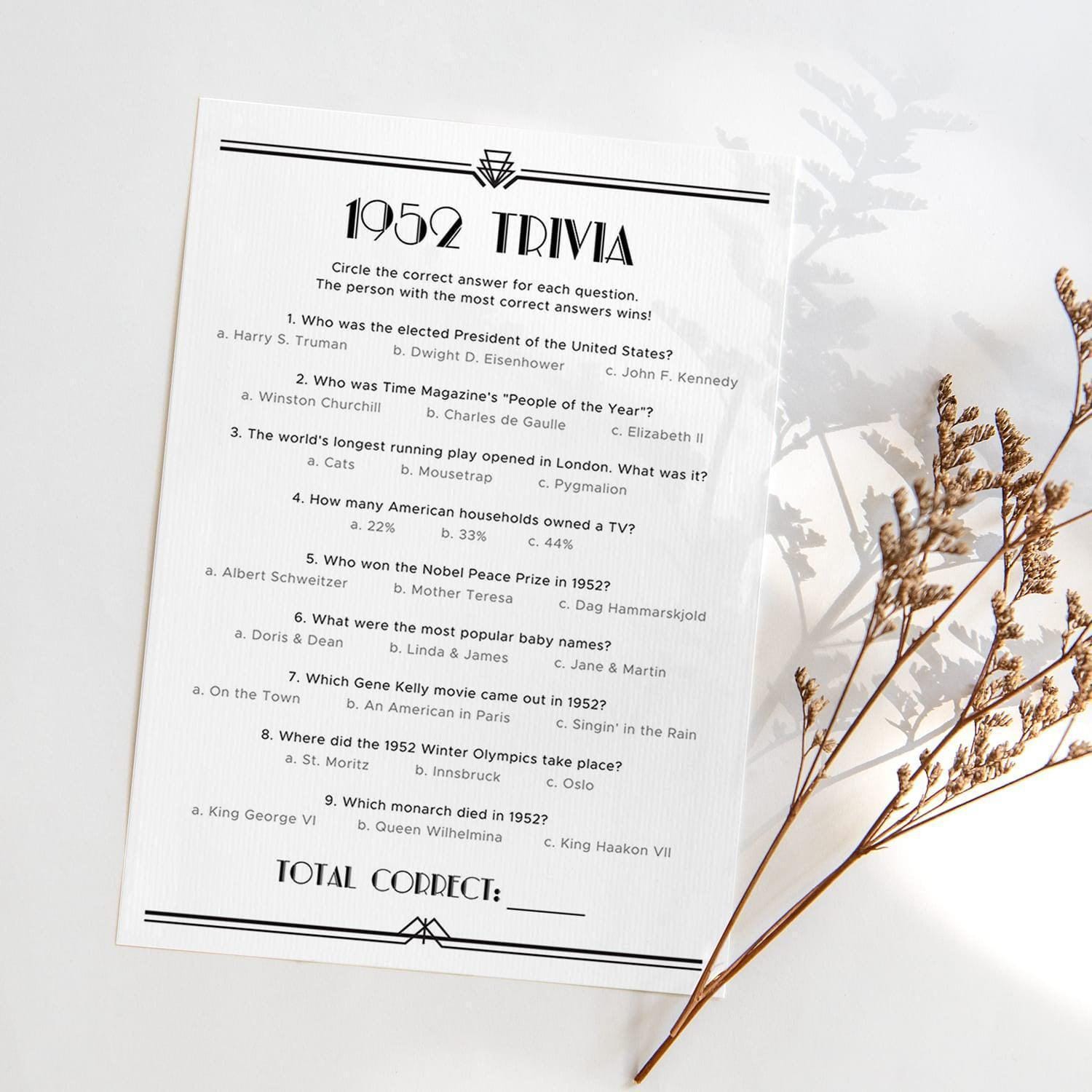Born in 1952 Trivia Printable Birthday Quiz About Birth Year 1952 ...