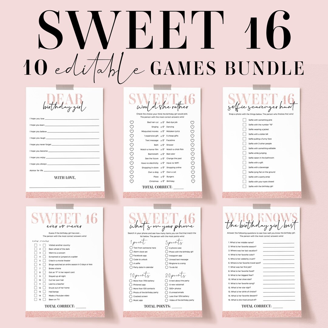 Rose Gold Sweet 16 Games Bundle Printable Turning Sixteen Years Old ...