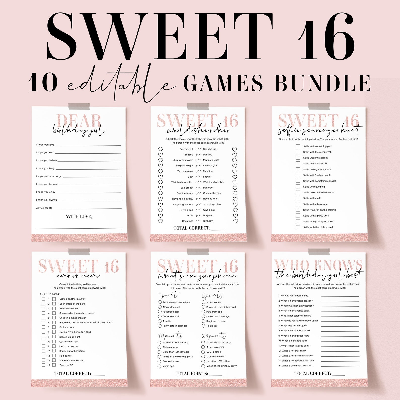 Rose Gold Sweet 16 Games Bundle Printable Turning Sixteen Years Old ...