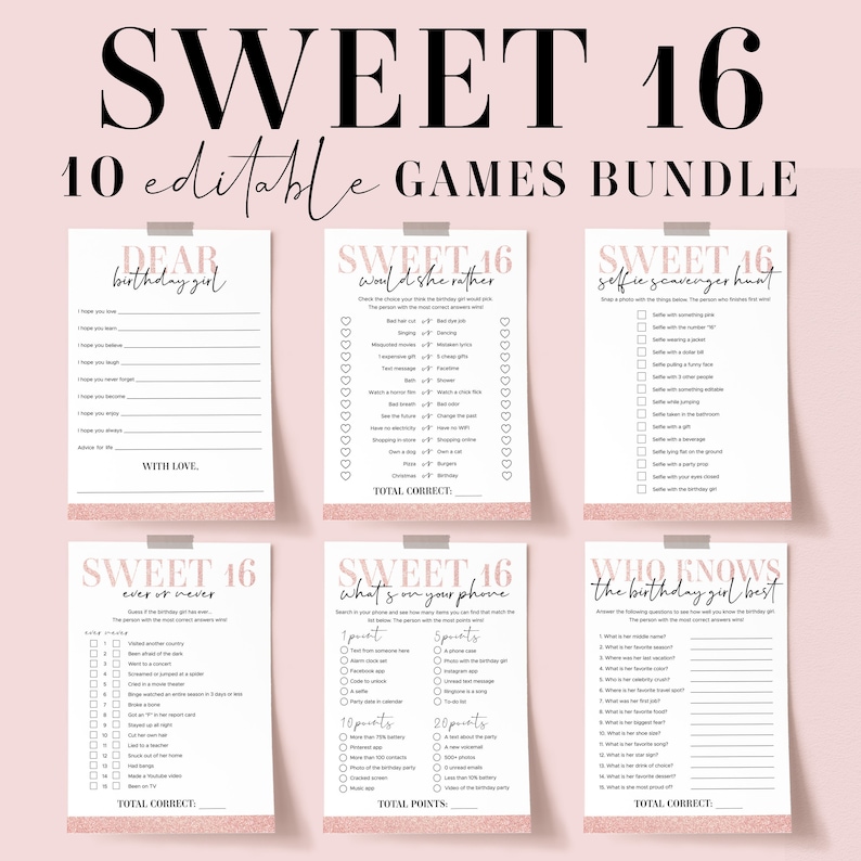 Rose Gold Sweet 16 Games Bundle Printable Turning Sixteen Years Old ...