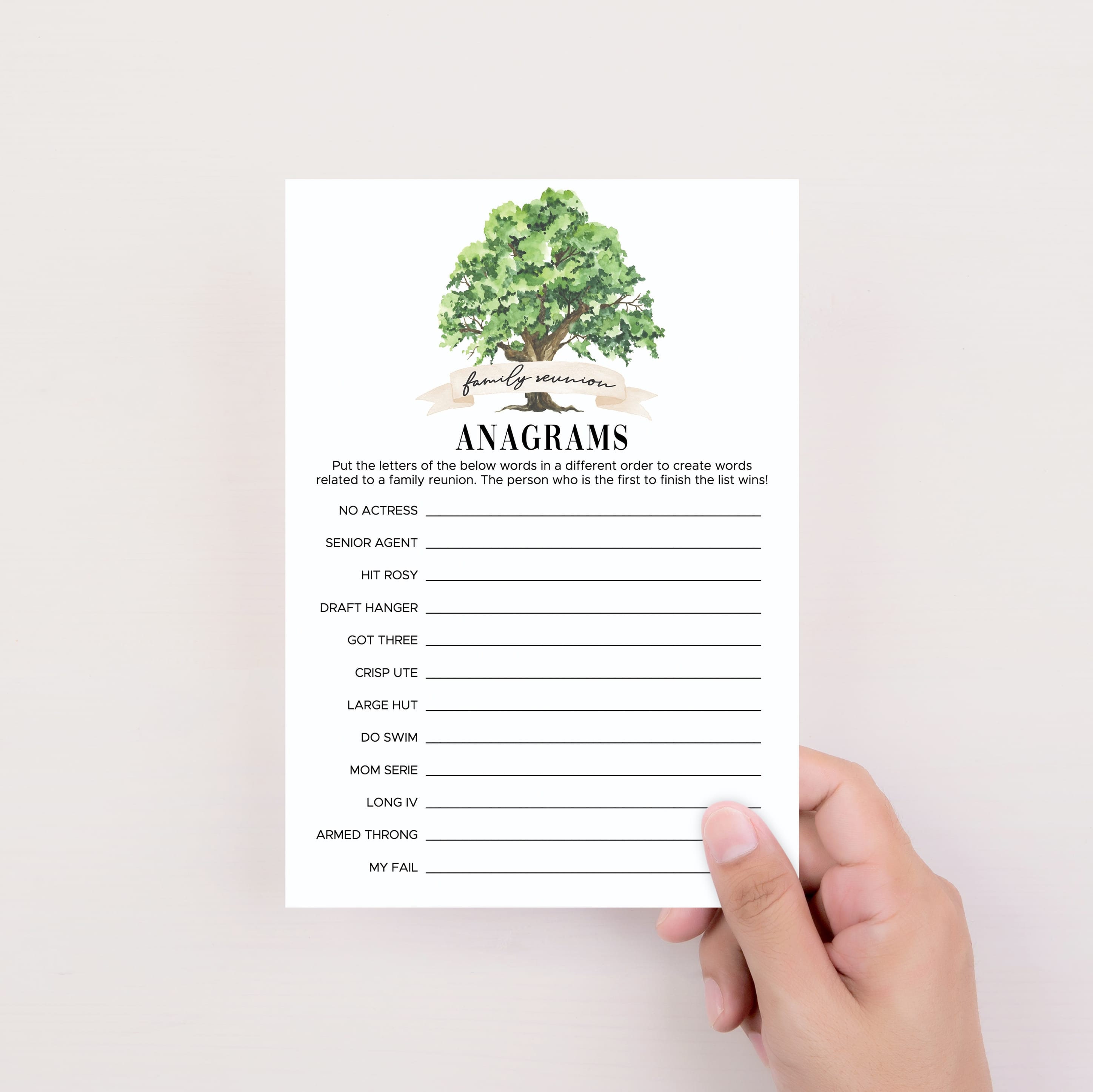 Family Reunion Anagrams Game Printable Word Scramble, Family Gathering, Watercolor Family Tree ...
