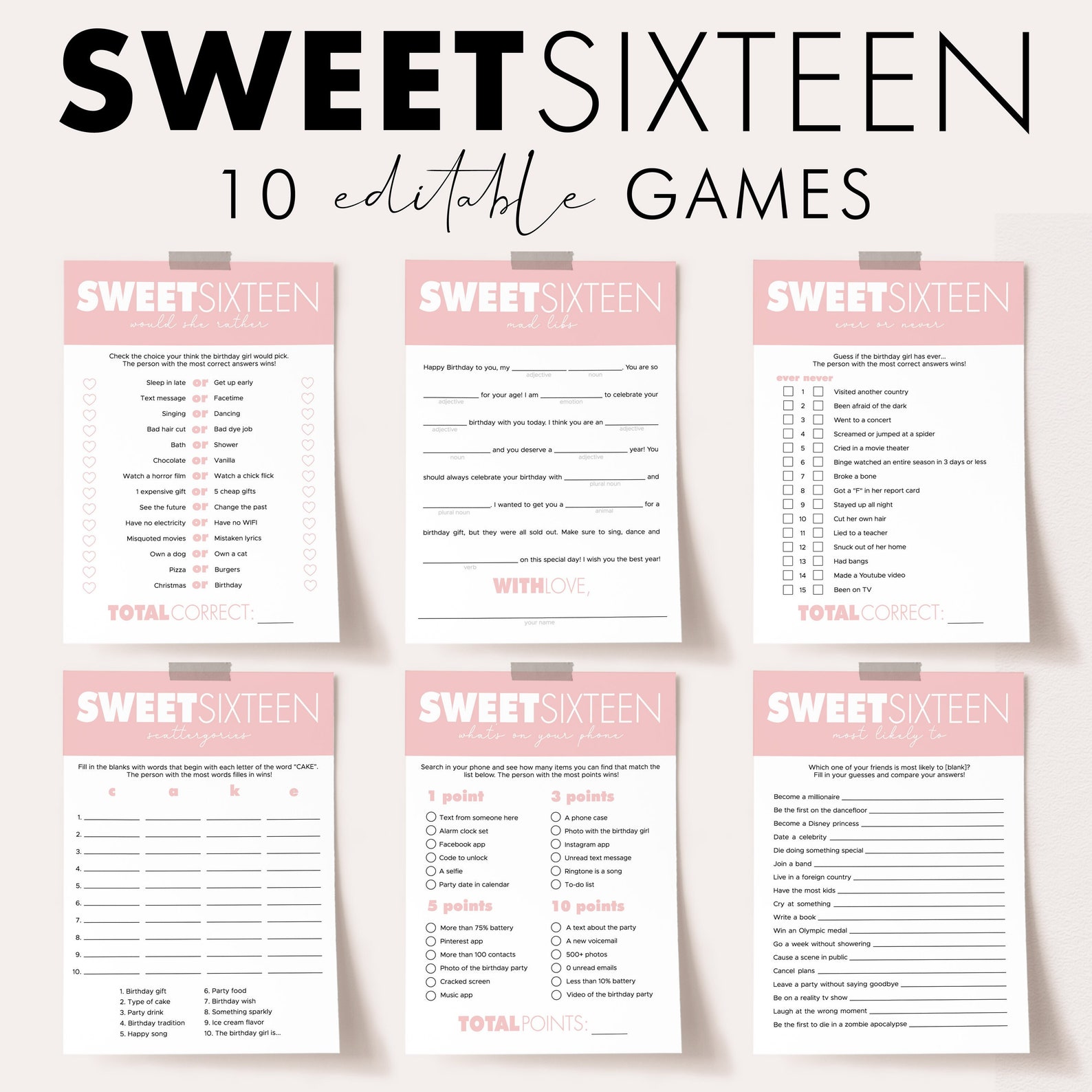 Pink Sweet 16 Party Games Bundle for Her Sweet Sixteen Activities Pack ...