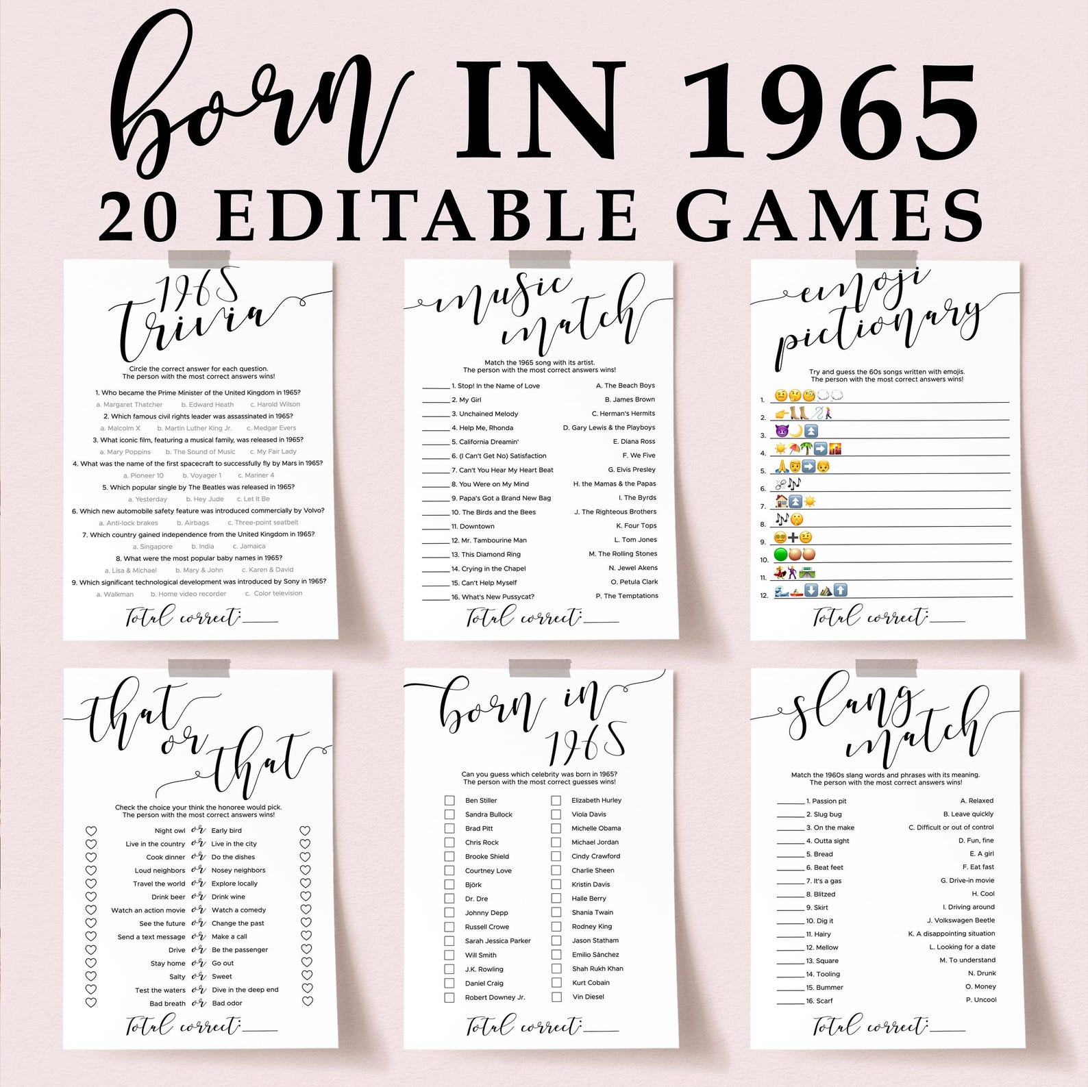 60th Birthday Games Bundle Printable Born in 1965 Birthday Party Pack ...