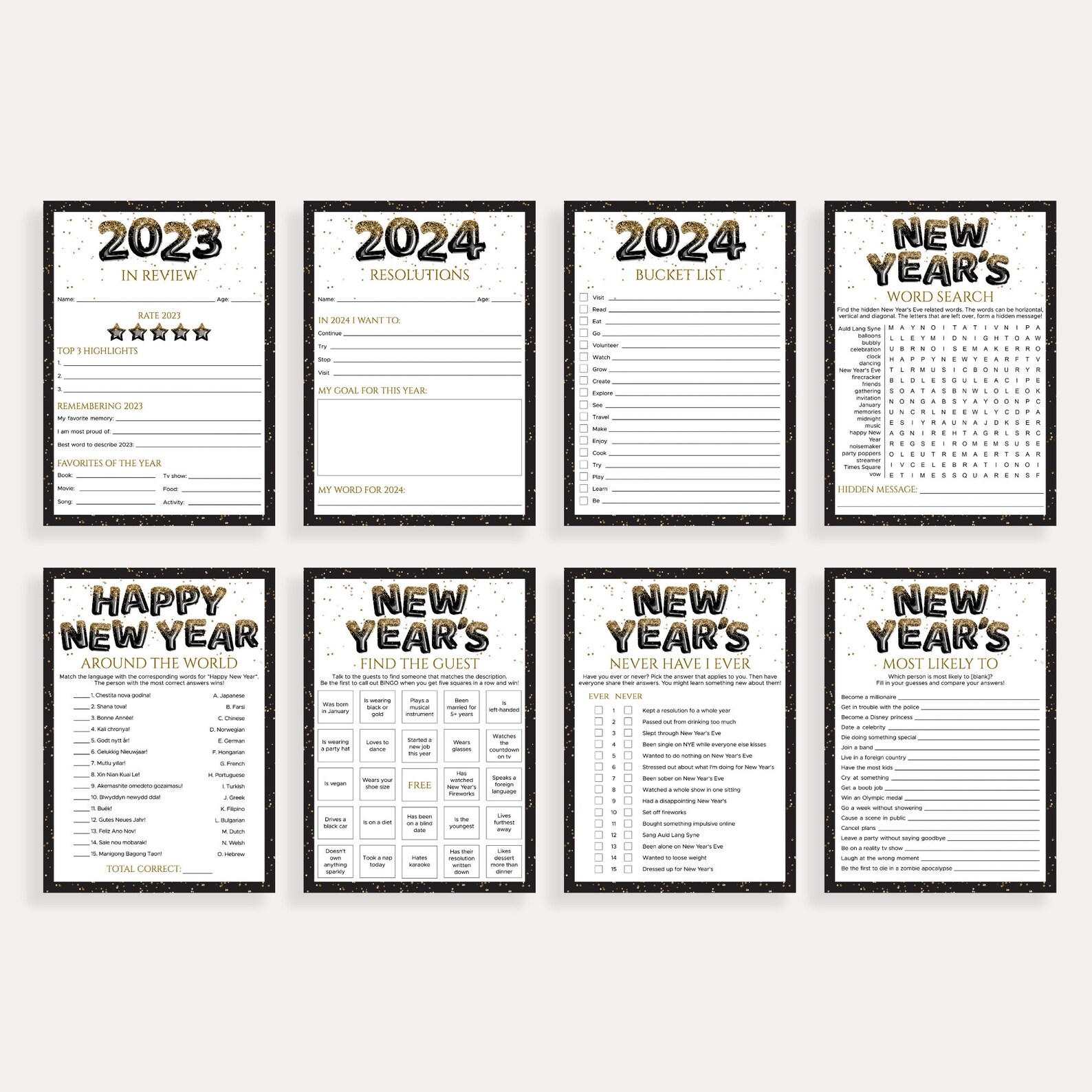 2024 New Years Party Games Pack Printable Black and Gold Looking Back ...