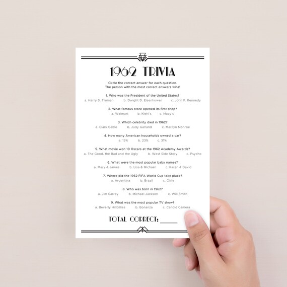 1962 Trivia Game Instant Download Pop Quiz About 1962 Birth | Etsy