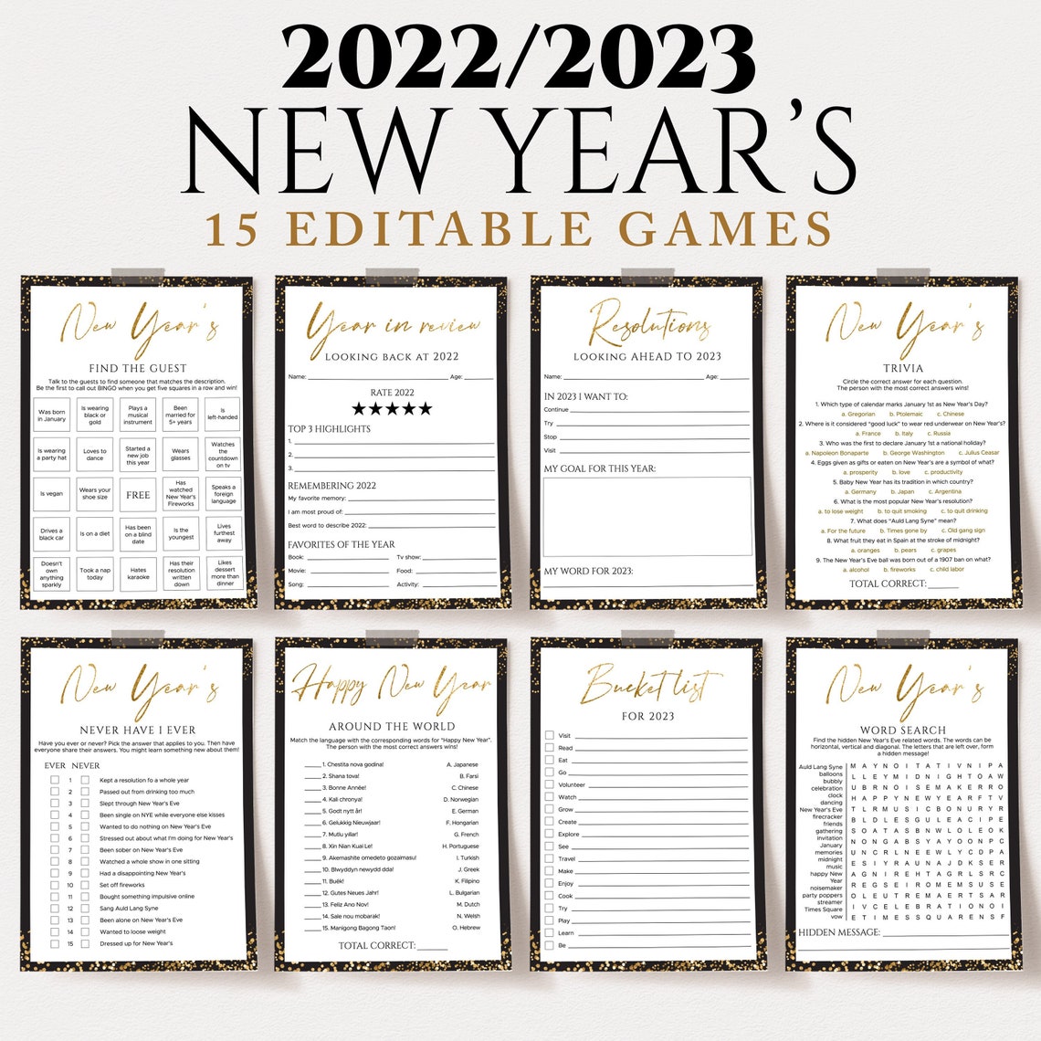 New Years Games Printable New Year's Eve Game Bundle Black - Etsy