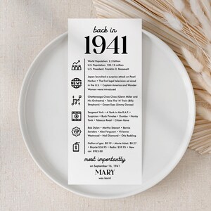 1941 Birthday Party Decorations 84th Bday Place Cards Born in 1941 ...